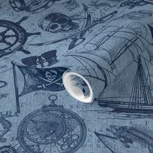 Spoonflower Pirates Adventure Denim Skull Pirate Ship Sea Custom Pre-pasted Wallpaper - Blue