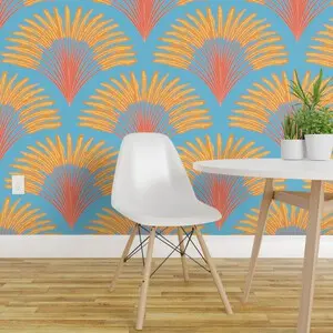 Spoonflower Orange Blue Art Deco Beach Tropical Hawaiian Traditional Wallpaper - Blue,orange