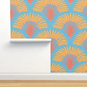 Spoonflower Orange Blue Art Deco Beach Tropical Hawaiian Traditional Wallpaper - Blue,orange