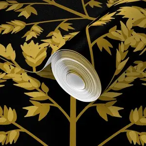 Spoonflower Grass Vines Elegant Maximalist Black Large Floral Traditional Wallpaper - Black,yellow,brown
