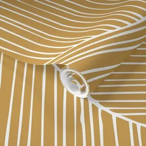 Spoonflower Geometric Waves Stripes Mustard Abstract Custom Pre-pasted Wallpaper - Yellow