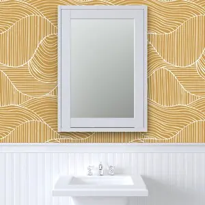 Spoonflower Geometric Waves Stripes Mustard Abstract Custom Pre-pasted Wallpaper