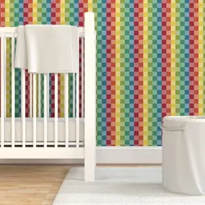 Spoonflower Rainbow Retro Squares Striped Multicolored Custom Pre-pasted Wallpaper