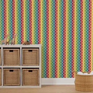 Spoonflower Rainbow Retro Squares Striped Multicolored Custom Pre-pasted Wallpaper