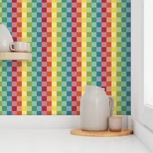 Spoonflower Rainbow Retro Squares Striped Multicolored Custom Pre-pasted Wallpaper