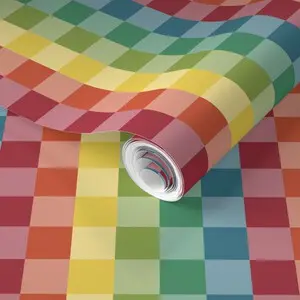 Spoonflower Rainbow Retro Squares Striped Multicolored Custom Pre-pasted Wallpaper - Red