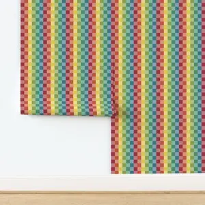Spoonflower Rainbow Retro Squares Striped Multicolored Custom Pre-pasted Wallpaper