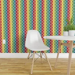 Spoonflower Rainbow Retro Squares Striped Multicolored Custom Pre-pasted Wallpaper
