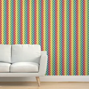 Spoonflower Rainbow Retro Squares Striped Multicolored Custom Pre-pasted Wallpaper