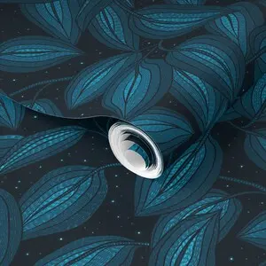 Spoonflower Tropical Flora Leaves Teal Blue Moody Jewel Tone Custom Pre-pasted Wallpaper Blue