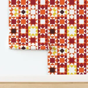 Spoonflower Barn Quilt Fall Ccolors Geometric Seasonal Custom Pre-pasted Wallpaper - Orange