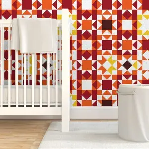 Spoonflower Barn Quilt Fall Ccolors Geometric Seasonal Custom Pre-pasted Wallpaper - Orange