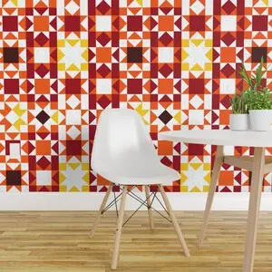 Spoonflower Barn Quilt Fall Ccolors Geometric Seasonal Custom Pre-pasted Wallpaper - Orange