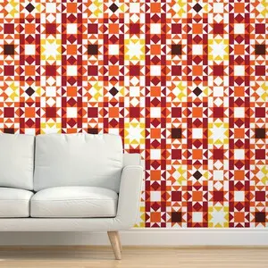 Spoonflower Barn Quilt Fall Ccolors Geometric Seasonal Custom Pre-pasted Wallpaper - Orange