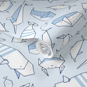 Spoonflower Origami Whales Blue Crafts Nautical Fish New Custom Pre-pasted Wallpaper Blue