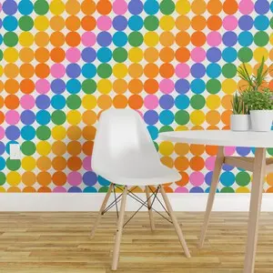Spoonflower Dots Retro Vintage 80s 70s Nostalgia Custom Pre-pasted Wallpaper - Rainbow