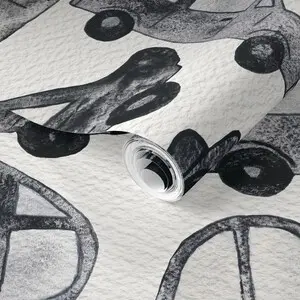 Spoonflower Monochrome White Cars Trucks Autos Vehicles Custom Pre-pasted Wallpaper - Black
