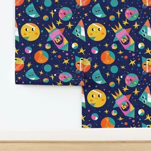 Spoonflower Universe Outerspace Cute Stars Stripes Custom Pre-pasted Wallpaper - Blue