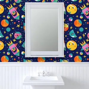 Spoonflower Universe Outerspace Cute Stars Stripes Custom Pre-pasted Wallpaper - Blue