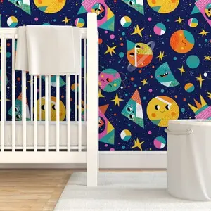 Spoonflower Universe Outerspace Cute Stars Stripes Custom Pre-pasted Wallpaper - Blue