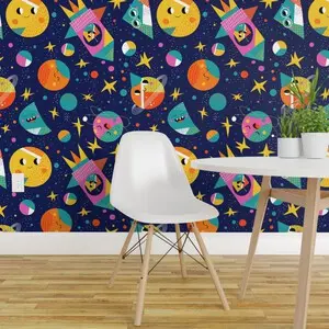 Spoonflower Universe Outerspace Cute Stars Stripes Custom Pre-pasted Wallpaper - Blue