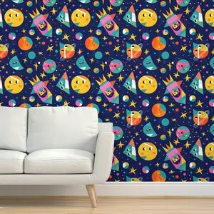 Spoonflower Universe Outerspace Cute Stars Stripes Custom Pre-pasted Wallpaper - Blue