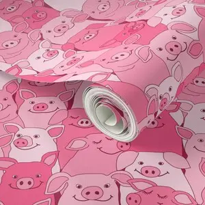 Spoonflower Pigs Barnyard Whimsical Cute Animals Cartoon Custom Pre-pasted Wallpaper - Pink