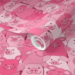 Spoonflower Pigs Barnyard Whimsical Cute Animals Cartoon Custom Pre-pasted Wallpaper - Pink