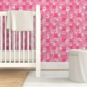 Spoonflower Pigs Barnyard Whimsical Cute Animals Cartoon Custom Pre-pasted Wallpaper - Pink