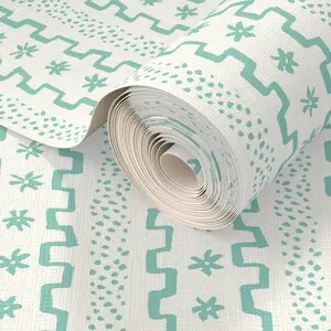 Spoonflower Aqua On White Talia 100% Natural Sisal Grasscloth Wallcovering - Aqua,blue