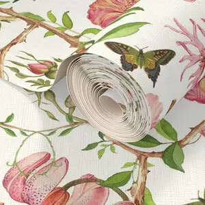 Spoonflower Antique Rococo Chinoiserie Flower Rose Exotic 100% Natural Sisal Grasscloth Wallcovering White,pink