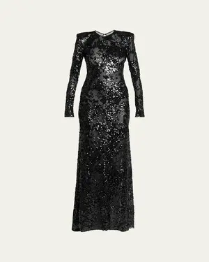 Victoria Beckham Long-Sleeve Backless Sequined Gown - Black