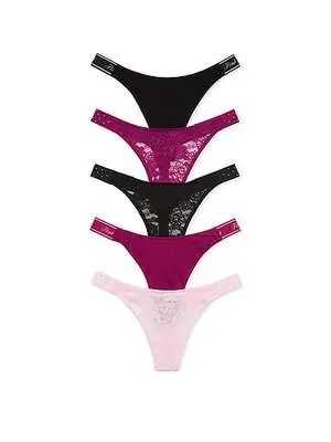 Pink 5-pack Lace-up Logo Thong Panties - Print