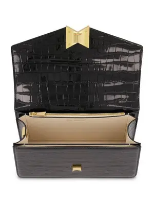 Mac Duggal Crocodile Embossed Leather Shoulder Bag With Gold Chain - Black
