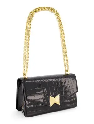 Mac Duggal Crocodile Embossed Leather Shoulder Bag With Gold Chain - Black