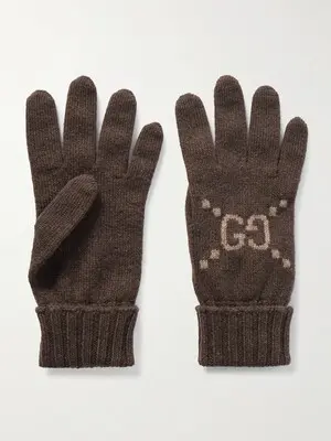Gucci Intarsia-knit Cashmere Gloves - Brown