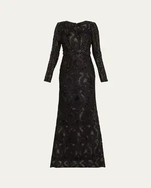 Badgley Mischka Beaded Ribbon Lace Trumpet Gown - Black | Editorialist