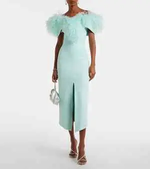 David Koma Off-shoulder Feather-trimmed Midi Dress