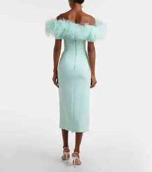 David Koma Off-shoulder Feather-trimmed Midi Dress