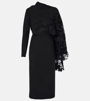 Oscar De La Renta Floral Guipure Wool Midi Dress - Black