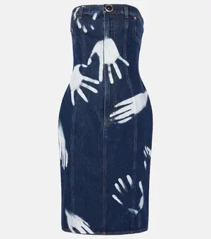 AREA Printed Strapless Denim Midi Dress - Blue