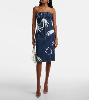 AREA Printed Strapless Denim Midi Dress
