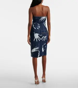 AREA Printed Strapless Denim Midi Dress