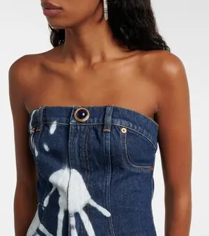 AREA Printed Strapless Denim Midi Dress