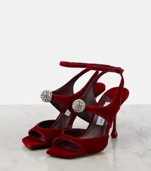 JIMMY CHOO Orb 95 Embellished Velvet Sandals - Red