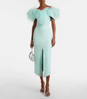 David Koma Off-shoulder Feather-trimmed Midi Dress