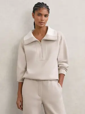 REISS Premium Interlock Half-zip Sweatshirt - Stone Neutral