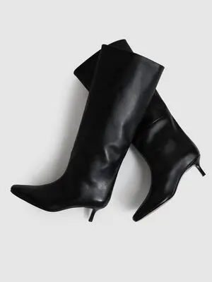 REISS Monica Leather Knee High Kitten Heel Boots