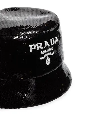 Prada Logo-embellished Sequin Bucket Hat - Black