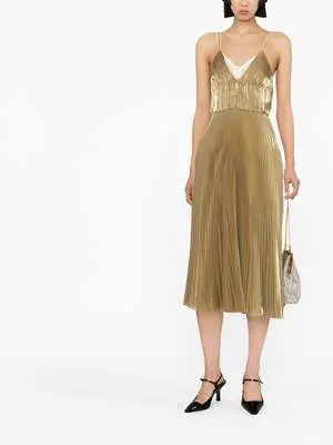 Prada Technical Voile Pleated Midi Dress - Gold